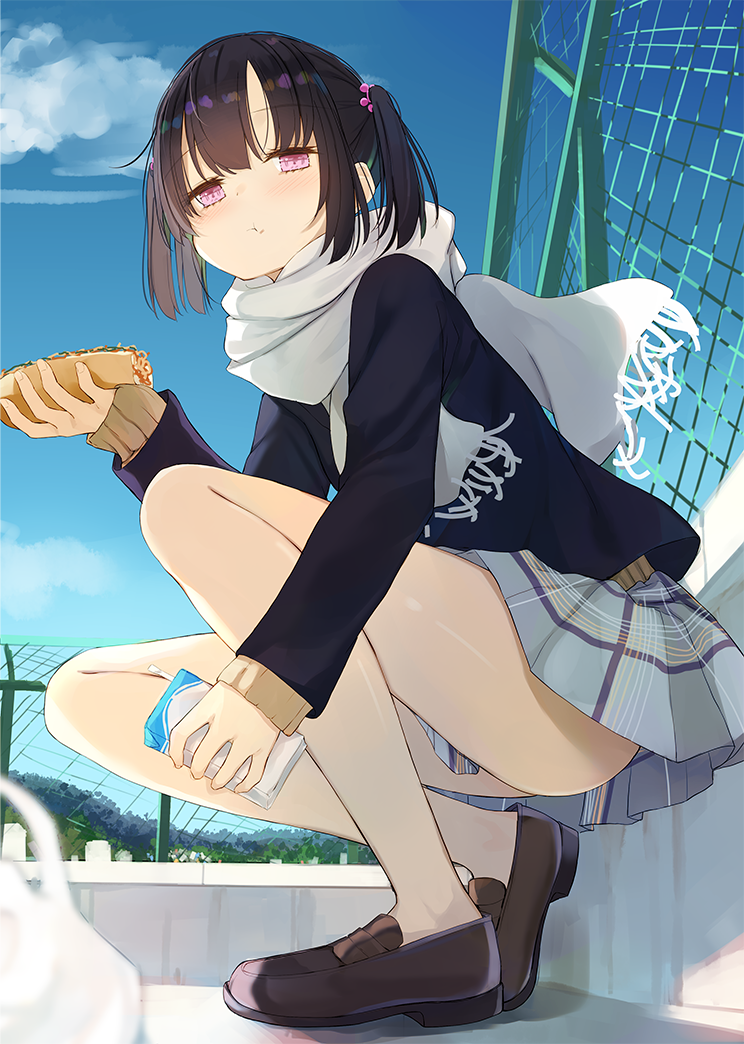 Safebooru - 1girl bag bangs black hair black jacket blue sky blurry blurry foreground blush ...