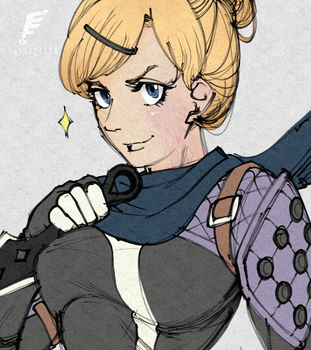 Safebooru - 1girl apex legends blonde hair blue eyes blue scarf bodysuit breasts cosplay grey ...