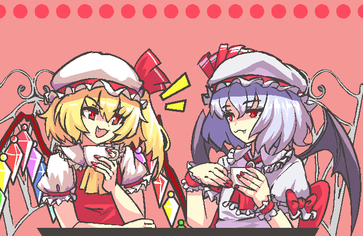 Safebooru - 2girls bangs bat wings blonde hair blue hair bow chained tan cup eyebrows visible ...