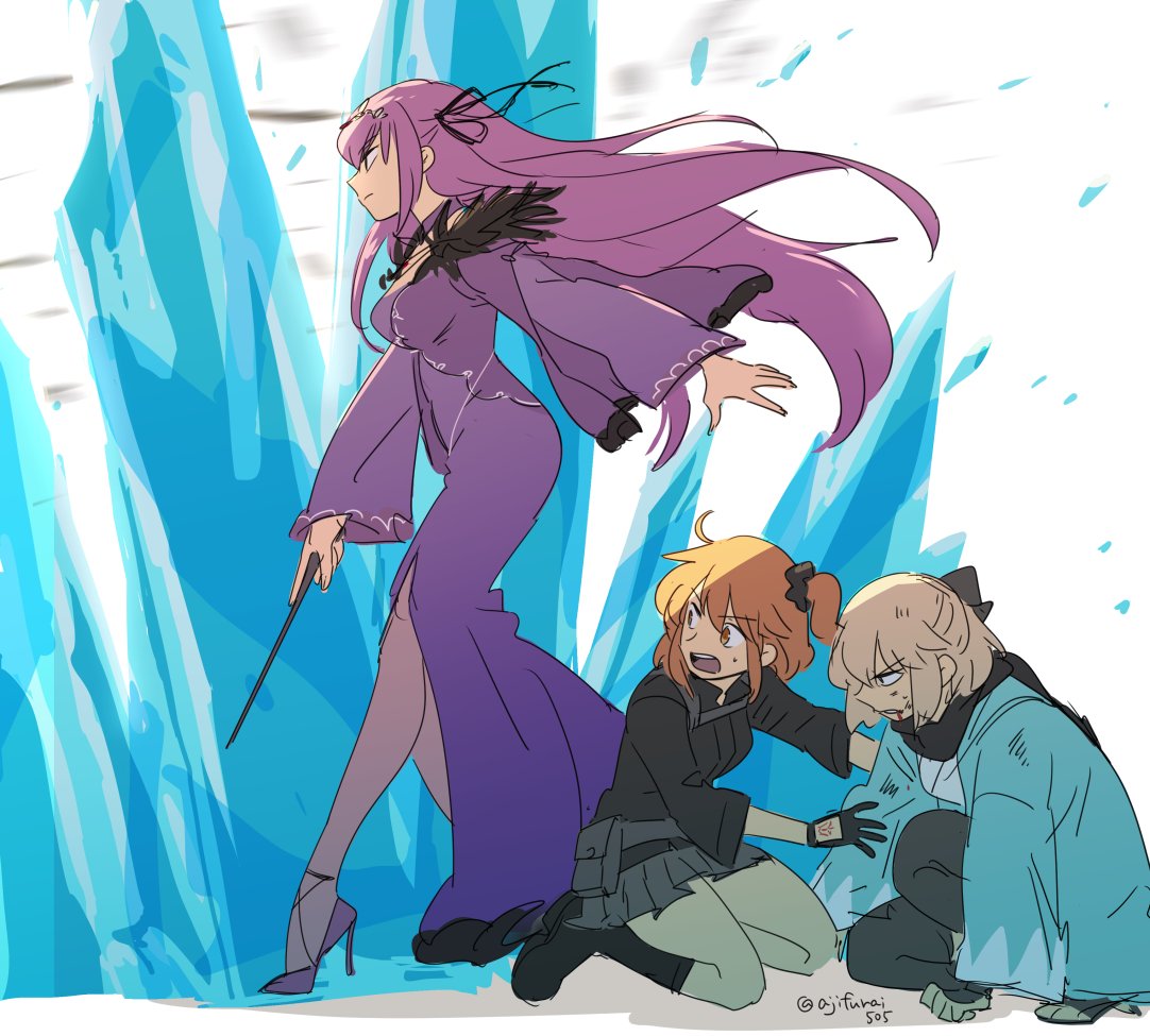 Safebooru - 3girls asaya minoru bangs black bow black footwear black gloves black jacket black ...