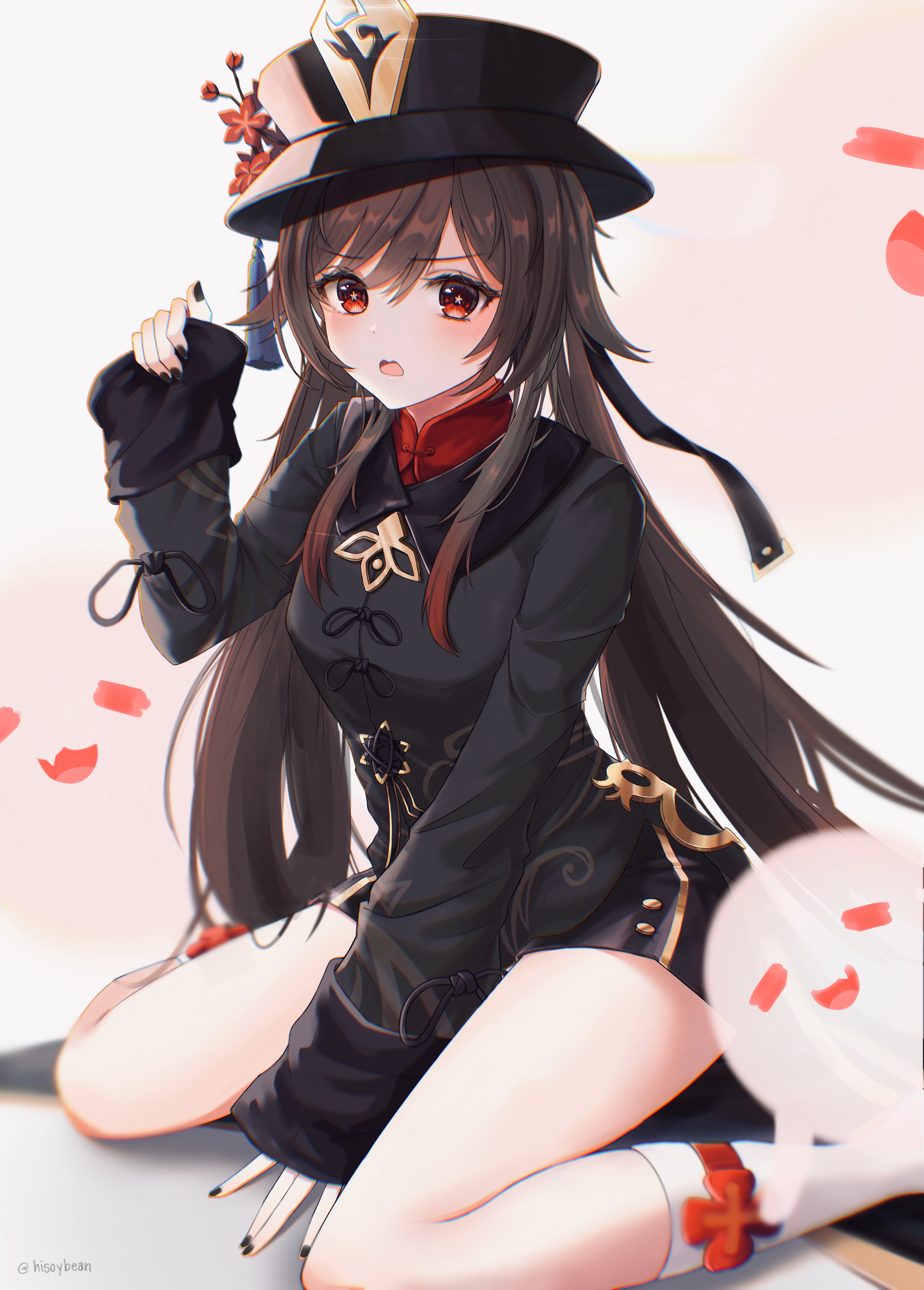 Safebooru - 1girl absurdres arm between legs arm up black headwear black nails black shirt black ...