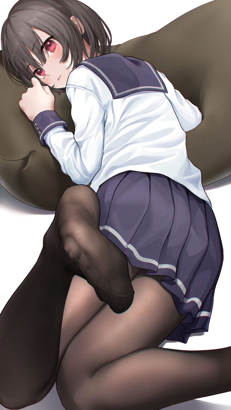 Safebooru - 1girl back bangs black hair black legwear blue skirt blush chromatic aberration deca ...