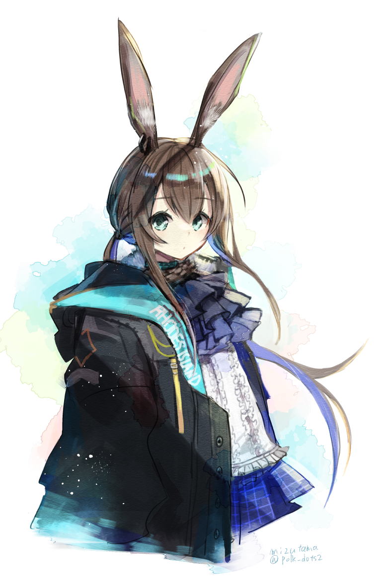 Safebooru - 1girl amiya (arknights) animal ears arknights artist name ascot black jacket blue ...