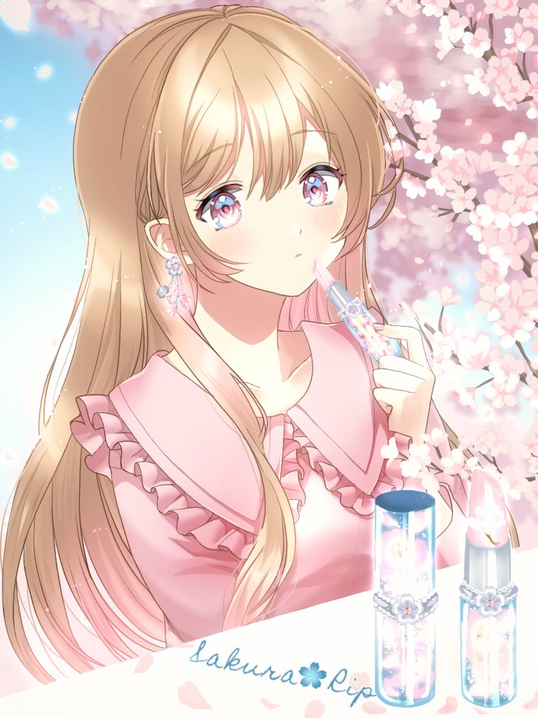 Safebooru - 1girl applying makeup arm at side arm up bangs blue sky blurry blurry background ...