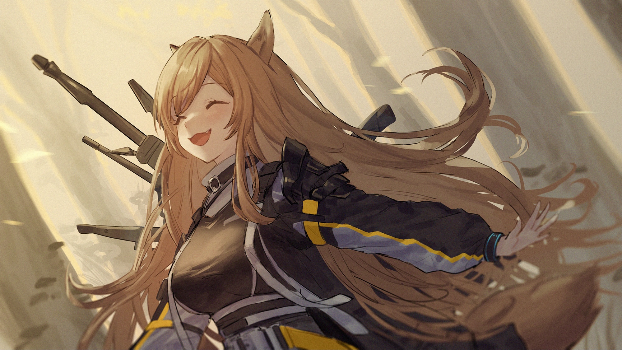 Safebooru - 1girl :d ^ ^ animal ears arknights black jacket blush breasts brown hair ceobe ...
