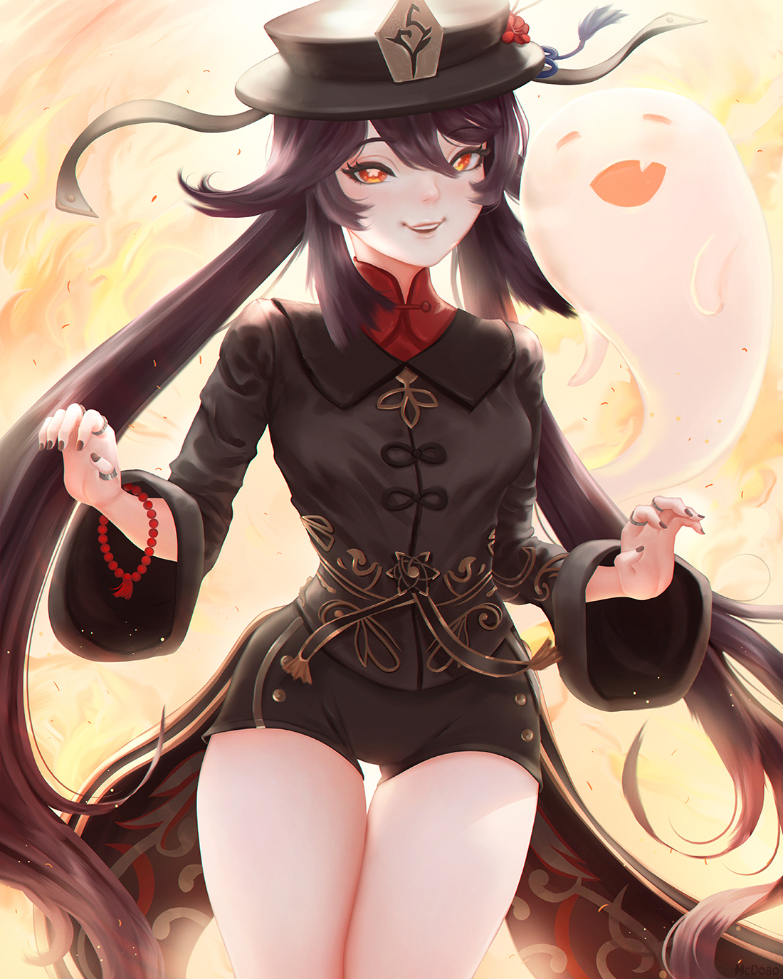 Safebooru - 1girl bangs bead bracelet beads black hair black headwear black nails black shorts ...