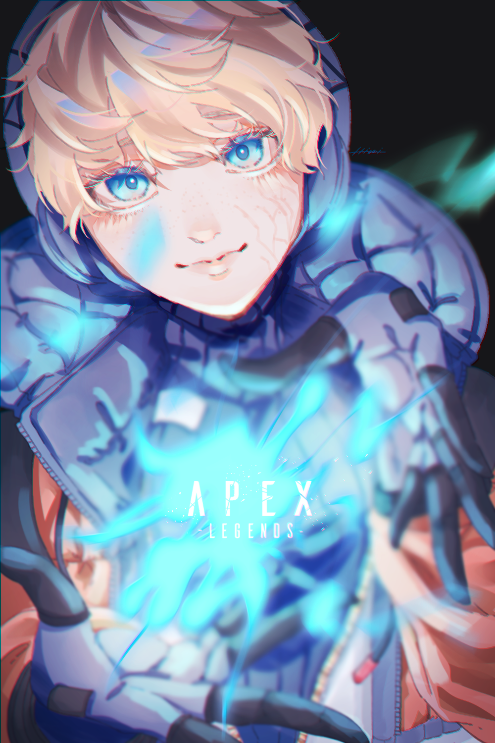Safebooru - 1girl apex legends black background blonde hair blue eyes blue gloves blurry blurry ...