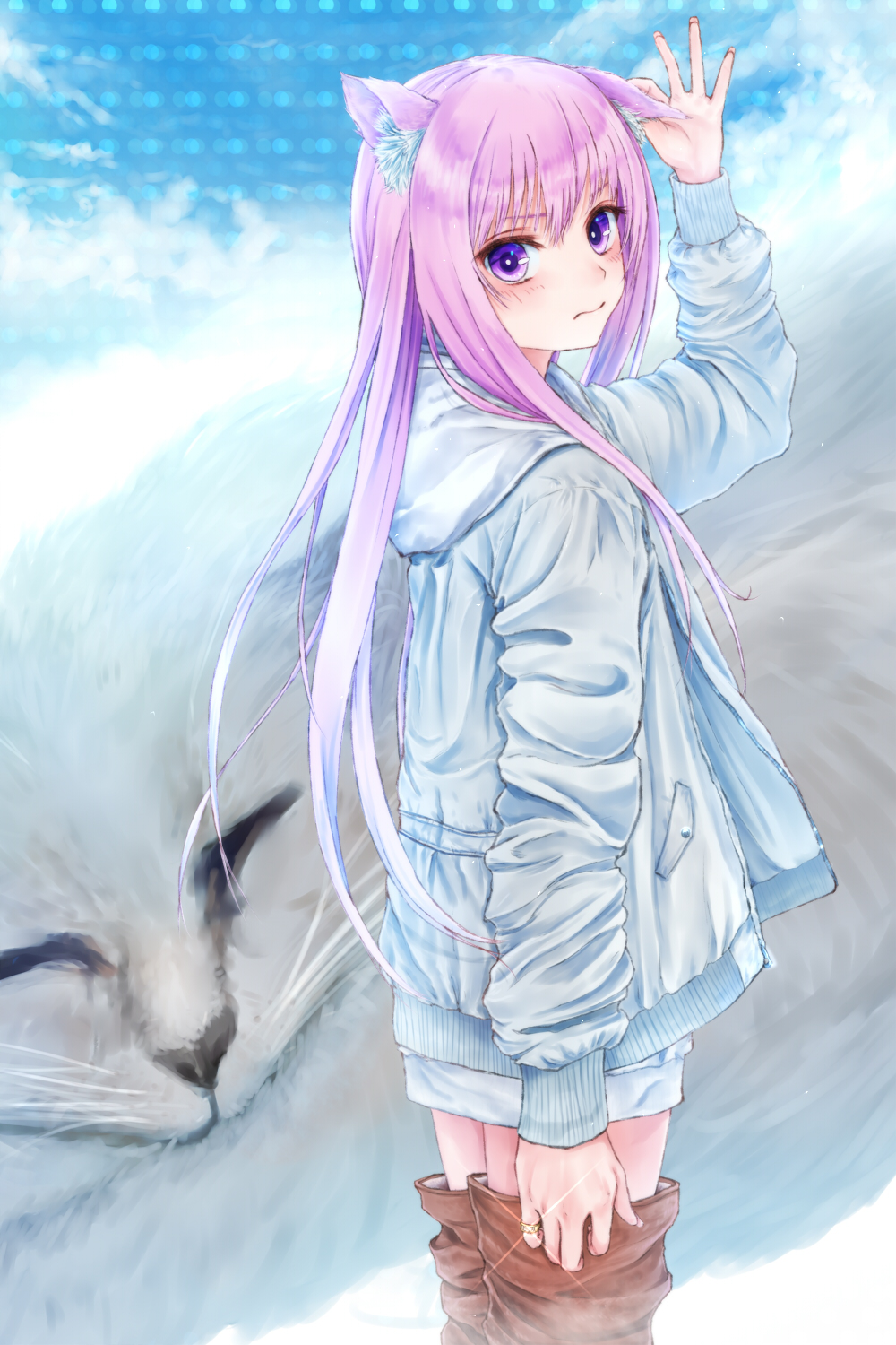 Safebooru - 1girl animal ear fluff animal ears bangs blue jacket blush boots brown footwear cat ...