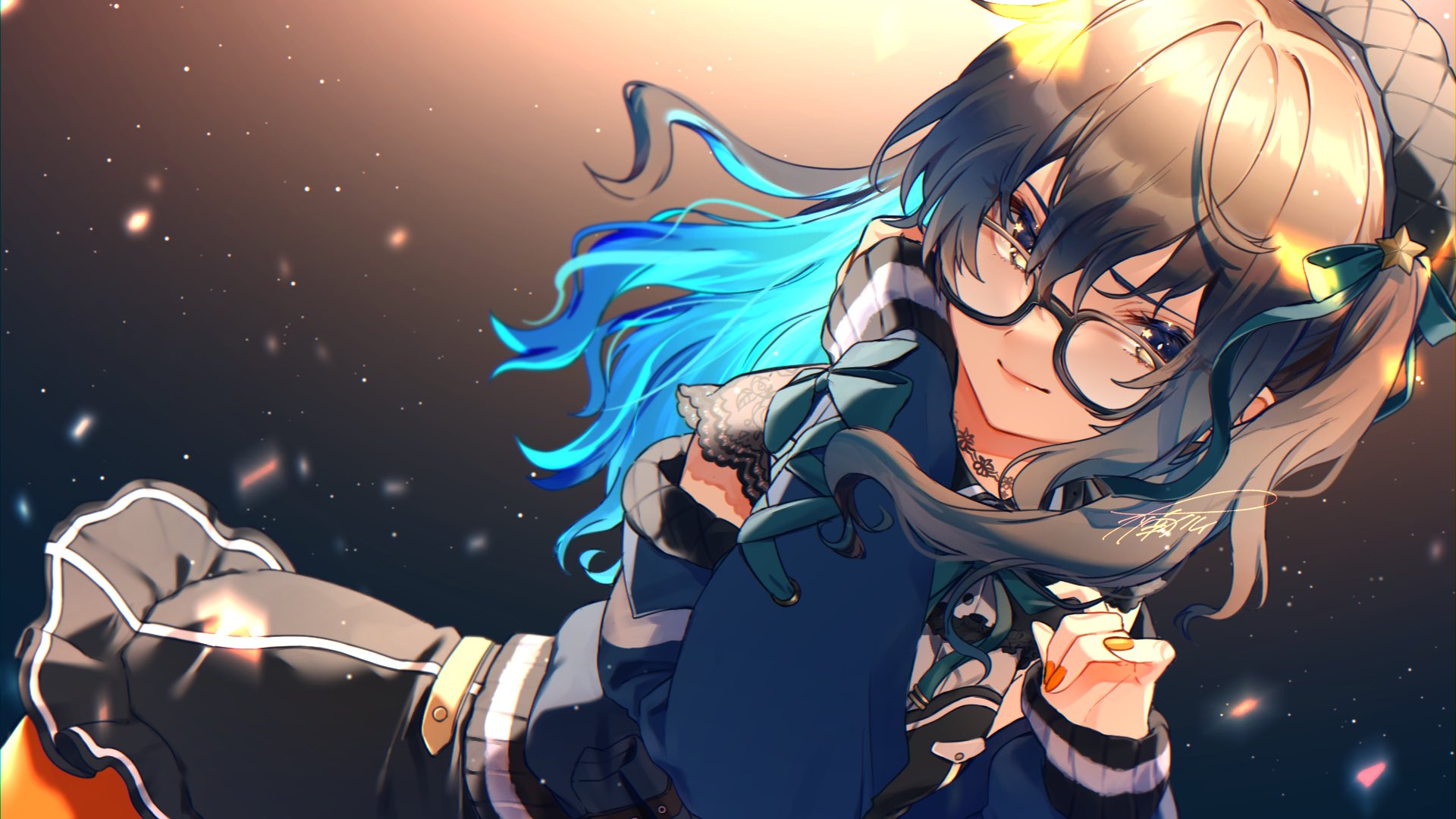 Safebooru - 1girl ahoge aqua neckwear asymmetrical hair black-framed eyewear black background ...