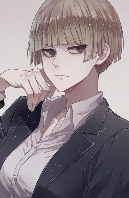 Safebooru - 1girl angel31424 bangs blonde hair blunt bangs bob cut brown eyes formal hand up ...