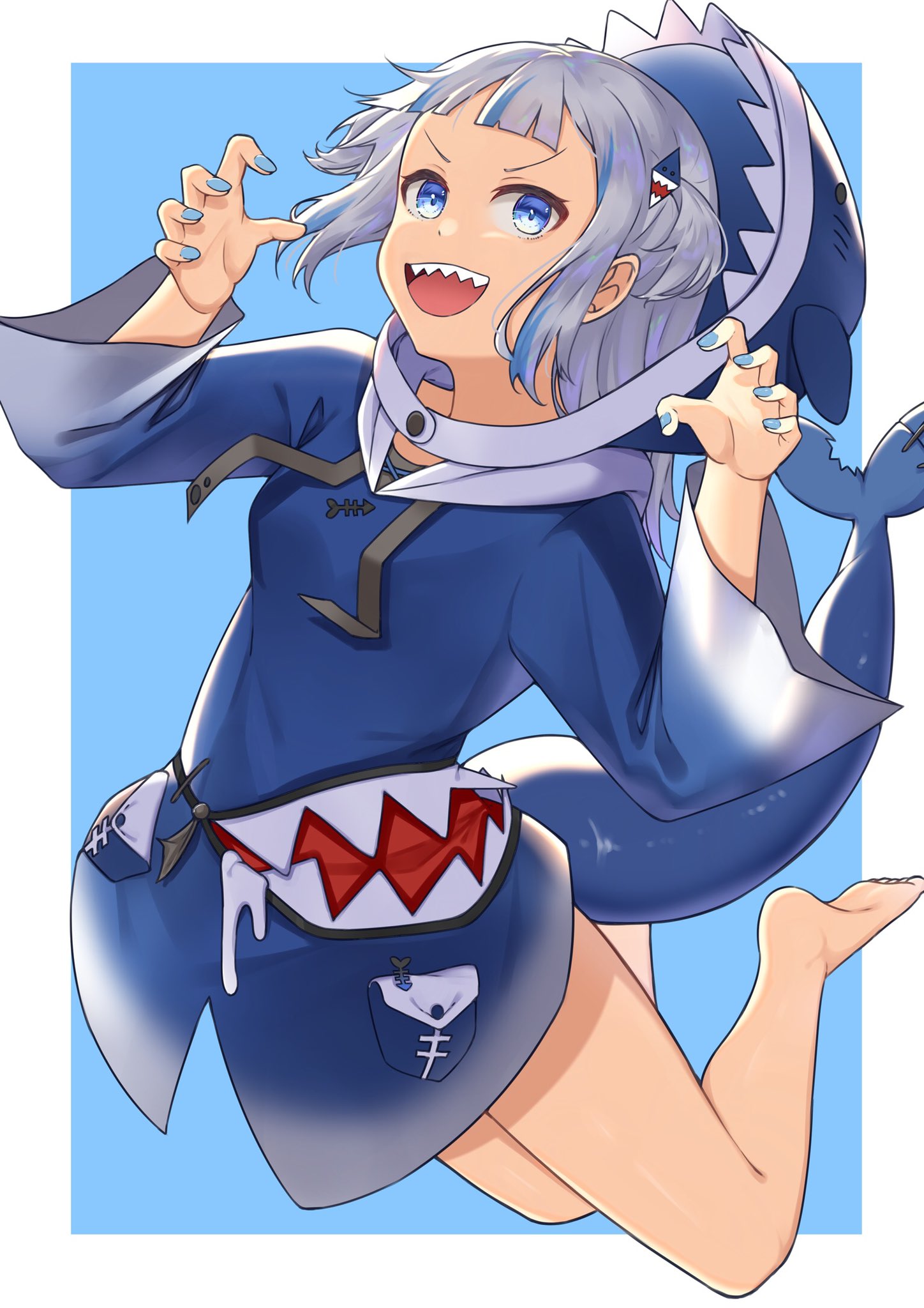 Safebooru - 1girl animal hood bangs barefoot blue background blue eyes blue hair blue nails ...