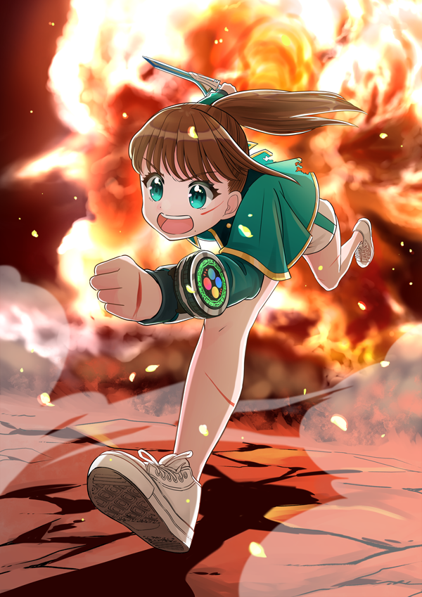 Safebooru - 1girl :o aqua eyes brown hair clenched hand cuts explosion ...