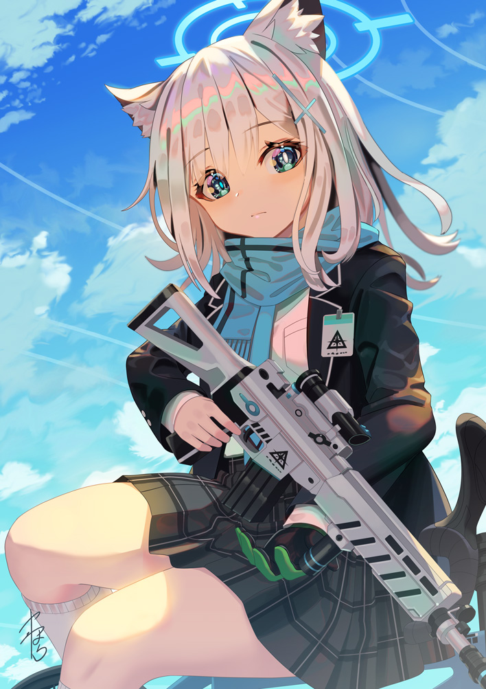 Safebooru - 1girl animal ear fluff animal ears assault rifle bangs black jacket black skirt blue ...