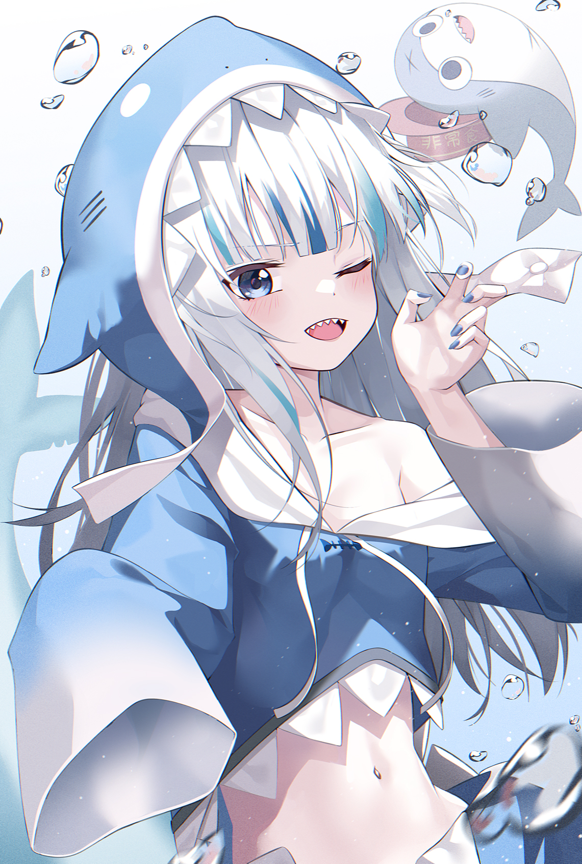 Safebooru - 1girl ;d adapted costume animal hood bangs bloop (gawr gura) blue background blue ...