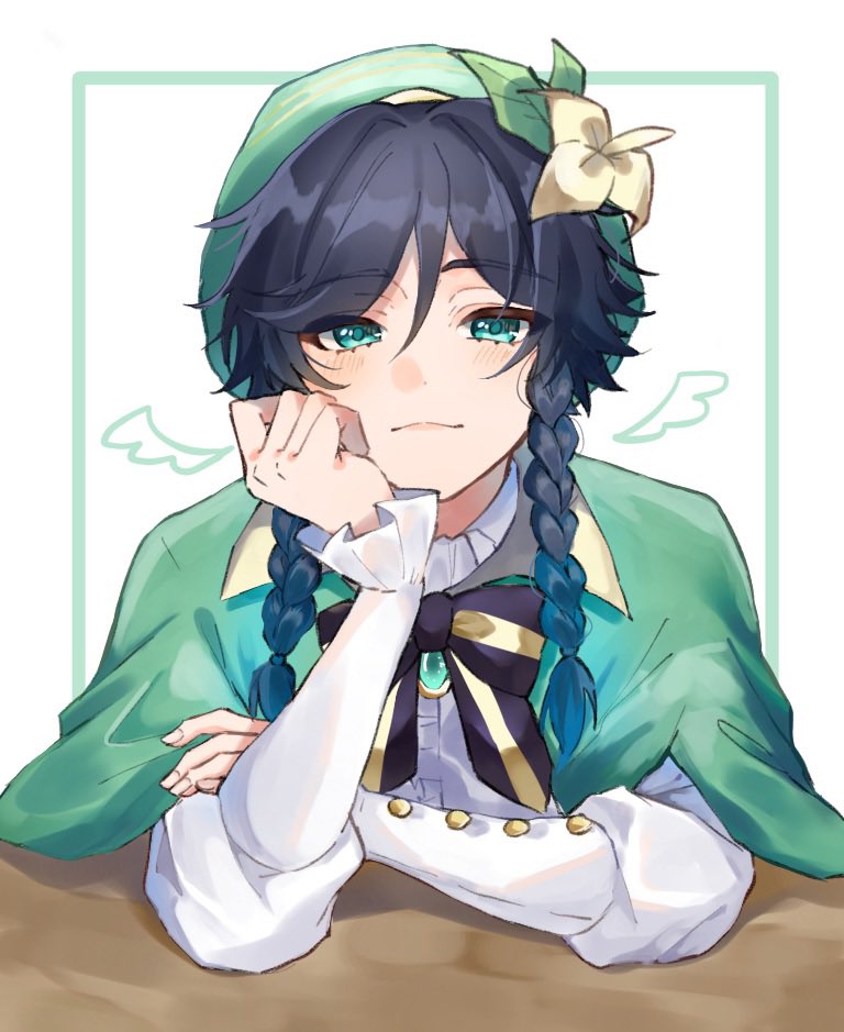 Safebooru - 1boy bangs black hair blue hair blush bow braid cape closed mouth commentary request ...
