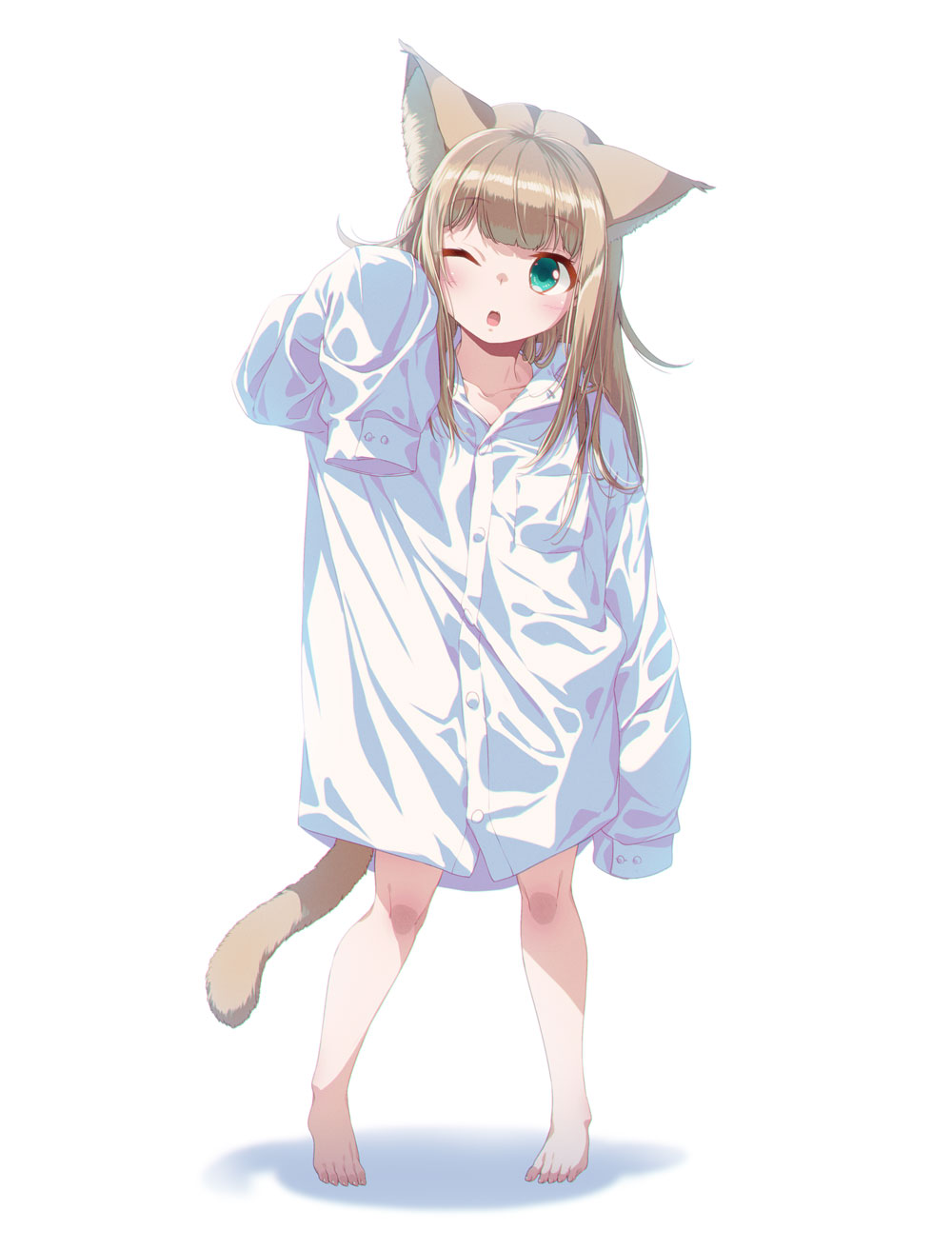 Safebooru - 1girl 40hara :o animal ear fluff animal ears animal print aqua eyes bangs barefoot ...