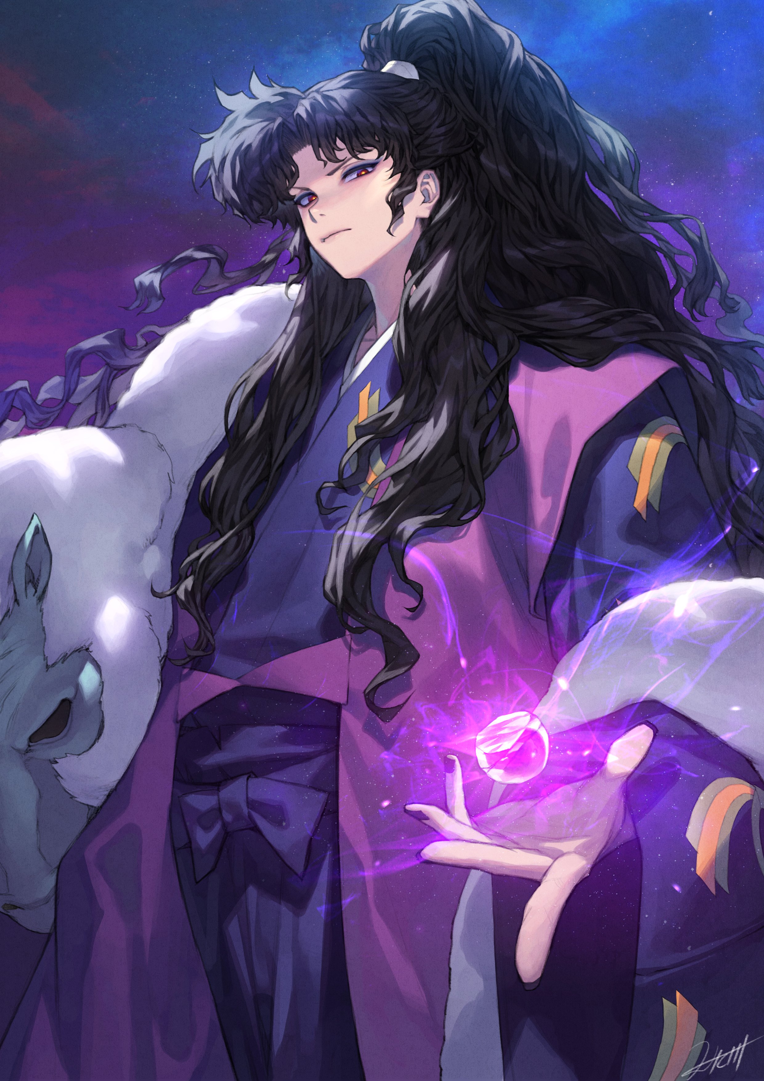 Safebooru - 1boy absurdres black hair black nails eyeshadow fingernails glowing hakama haori ...