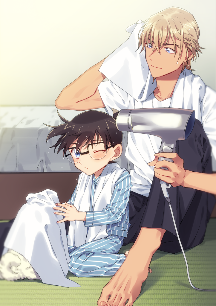 Safebooru - 2boys amuro tooru animal arm up bangs barefoot bed bedroom black-framed eyewear ...