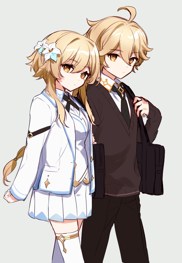 Safebooru - 1boy 1girl aether (genshin impact) ahoge bag bangs black neckwear black pants black ...