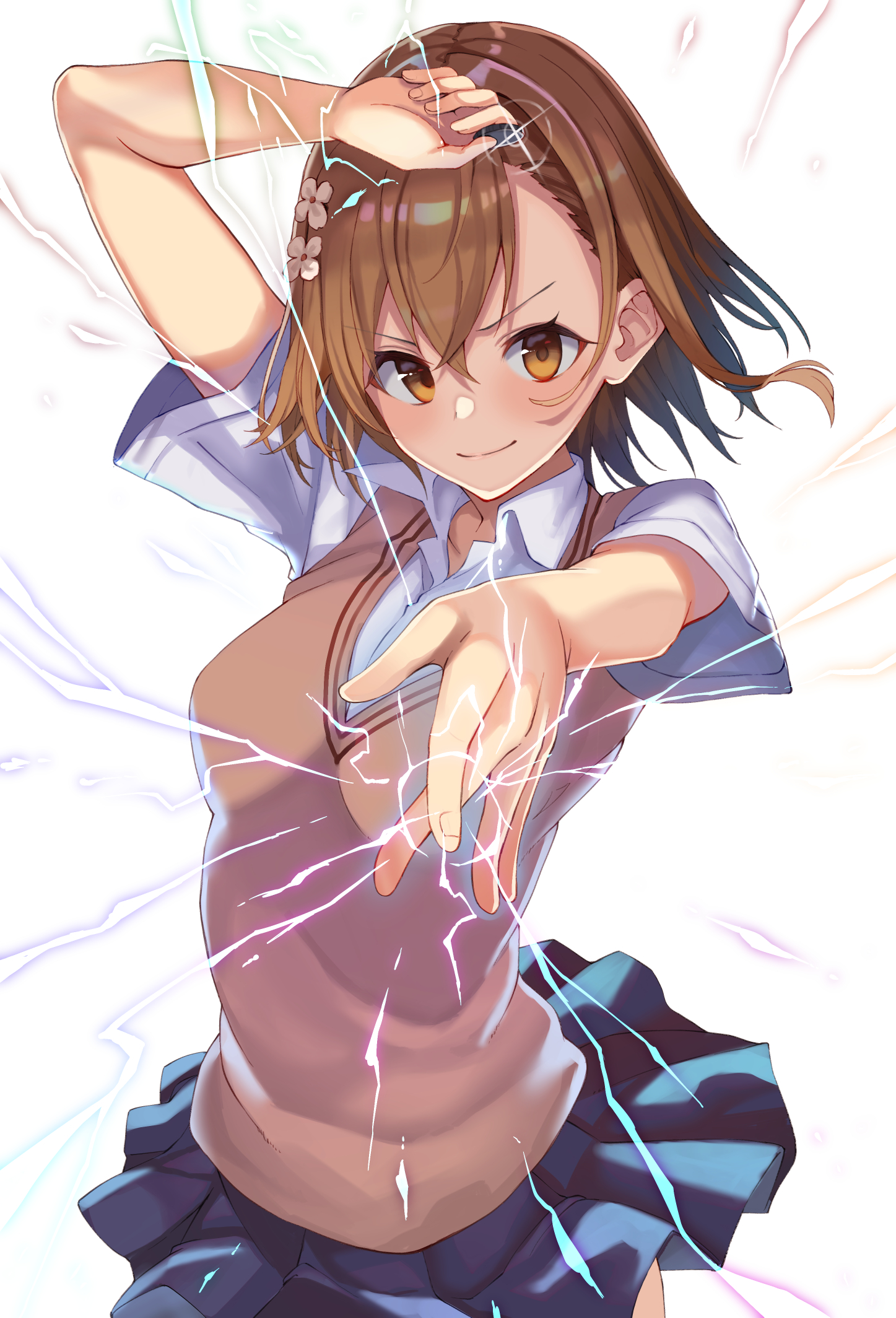 Safebooru - 1girl arm up bangs biribiri blue skirt brown eyes brown hair brown sweater closed ...