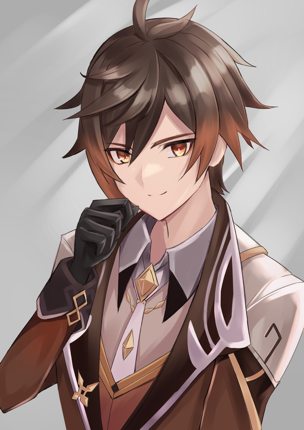 Safebooru - 1boy ahoge bangs black gloves brown hair brown jacket brown ...