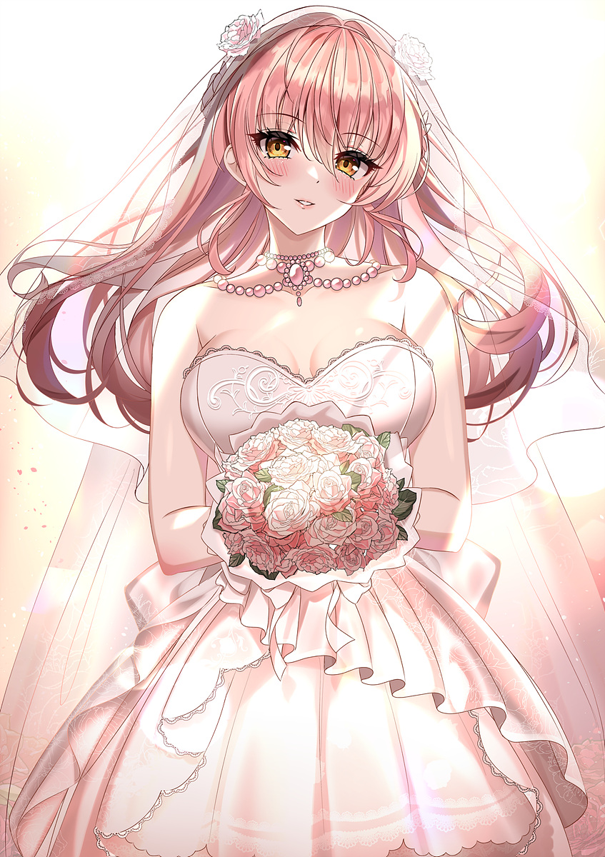 Safebooru - 1girl bangs bare shoulders blush bouquet breasts bridal veil brown eyes collarbone ...