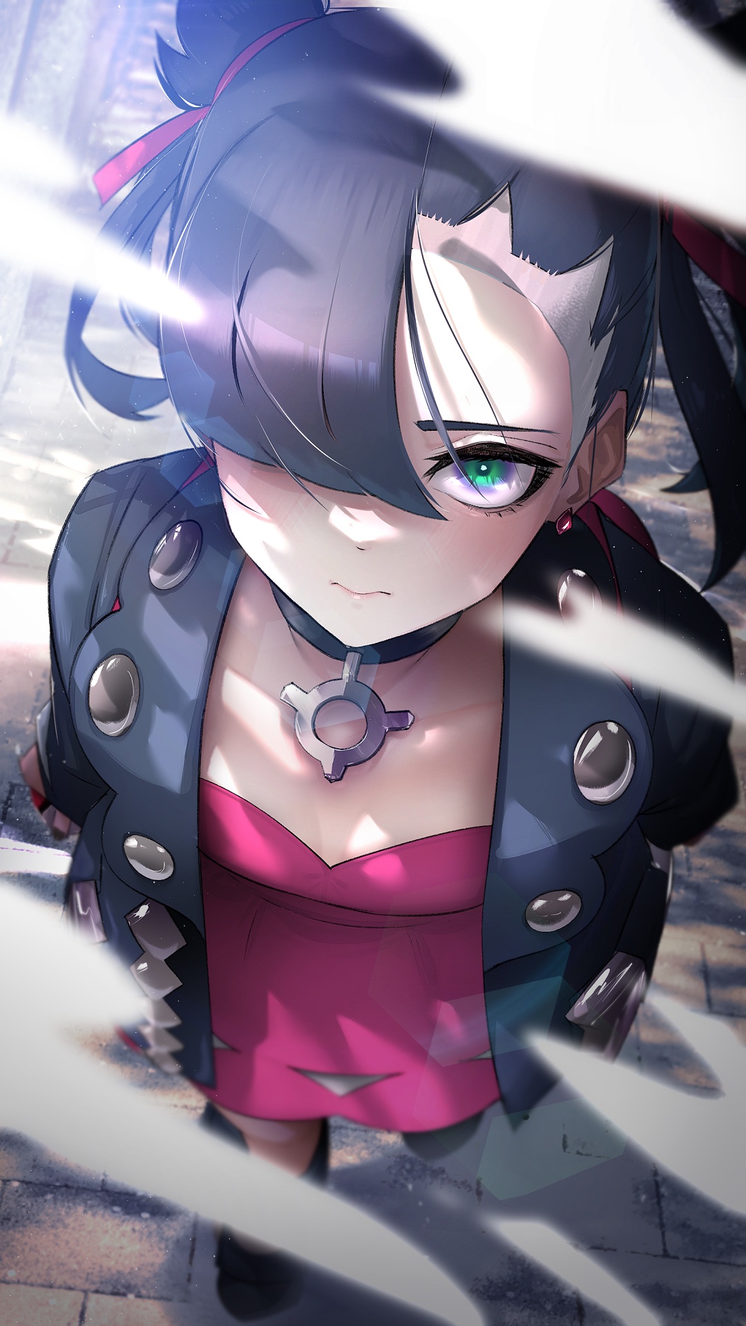 Safebooru - 1girl asymmetrical bangs bangs black jacket blush breasts collar dappled sunlight ...