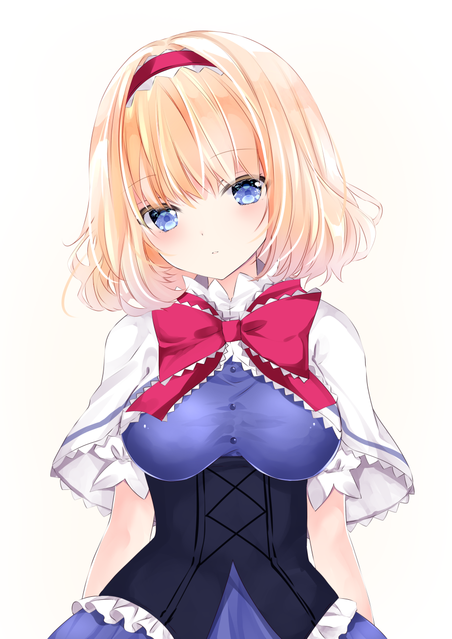 Safebooru - 1girl alice margatroid bangs blonde hair blue dress blue eyes bow breasts capelet ...