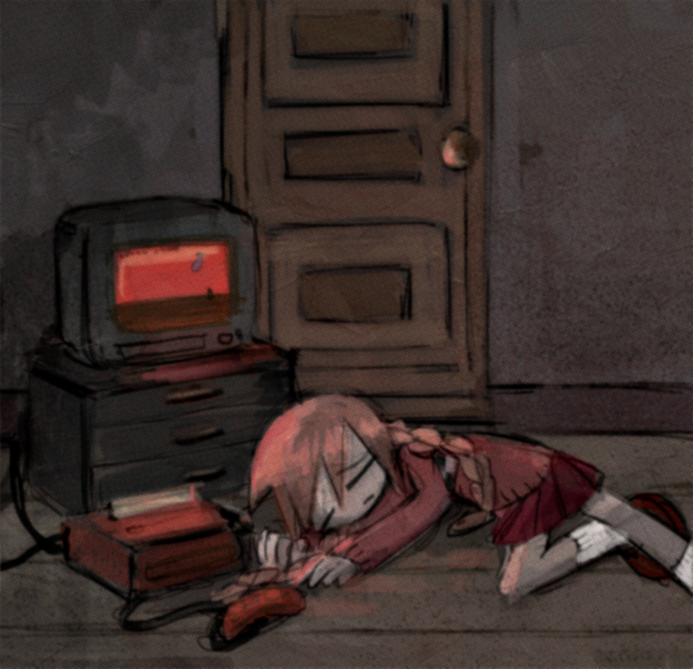 Safebooru - 1girl braid brown hair closed eyes door game console ha4to ...