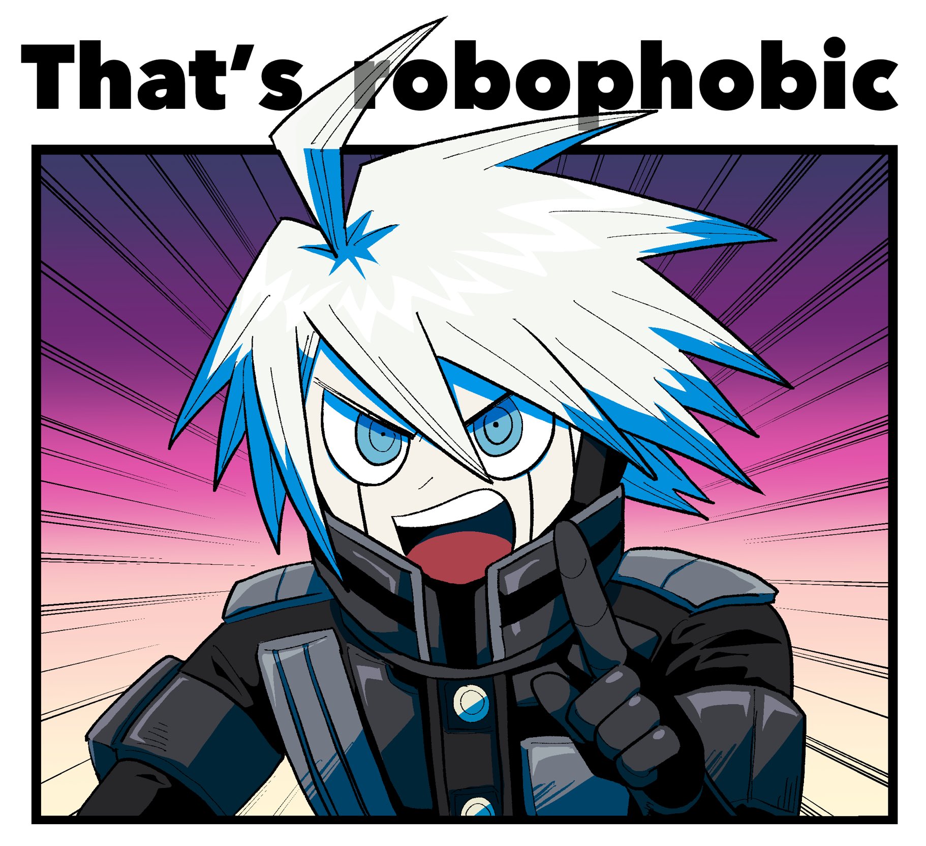 Safebooru - 1boy :d ahoge android bangs black border black gloves blue ...