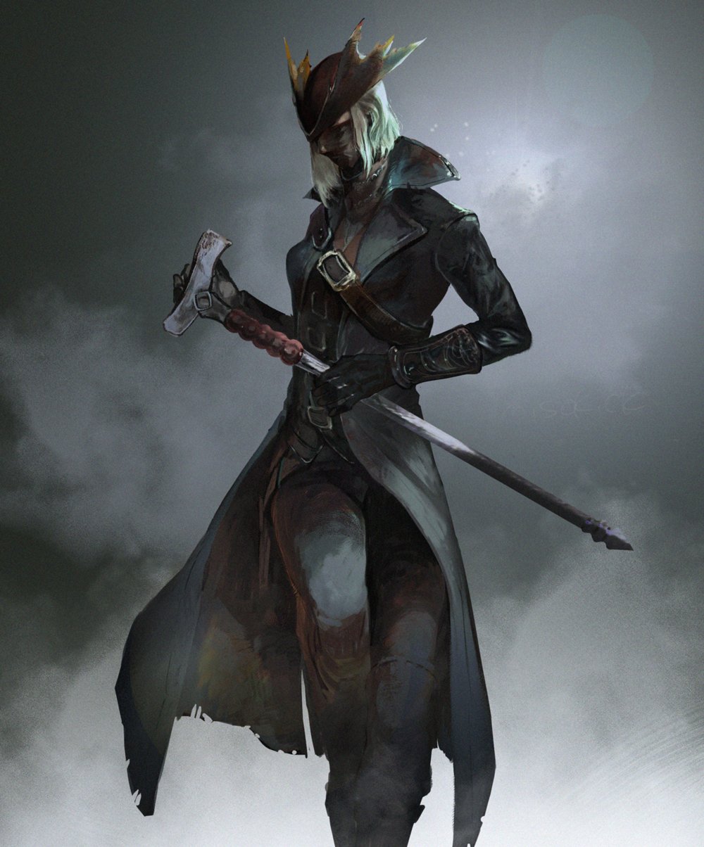 Safebooru - 1girl black coat black gloves black headwear black pants bloodborne brown shirt cane ...