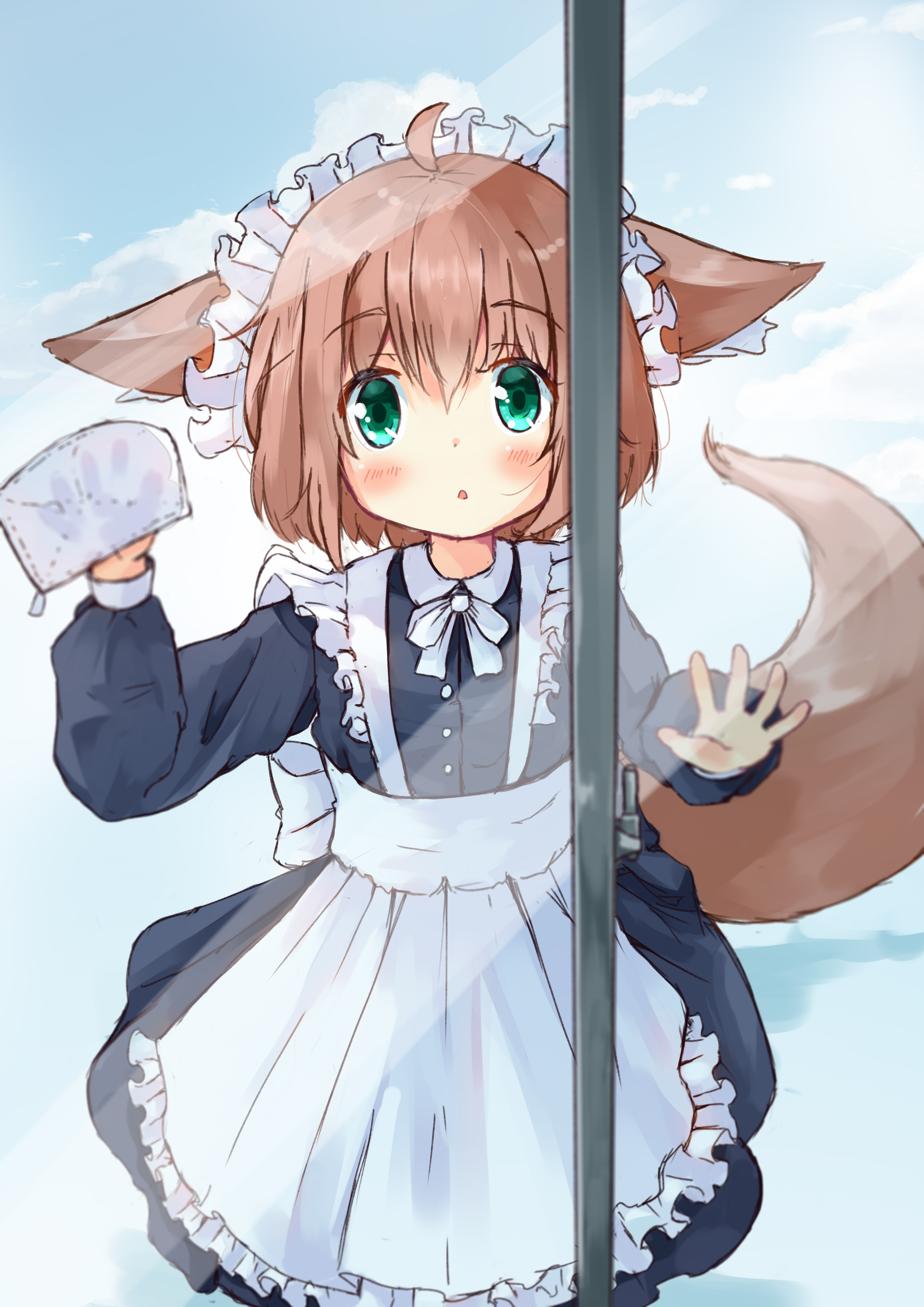 Safebooru - 1girl :o absurdres against window animal ears apron bangs black dress blue sky blush ...