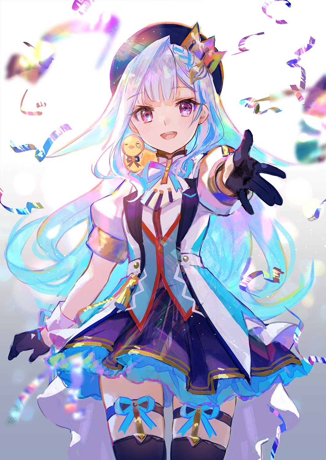 Safebooru - 1girl bangs black gloves black headwear black legwear black skirt blue bow blue hair ...