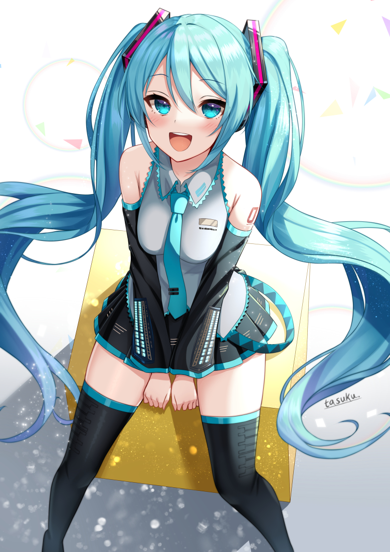 Safebooru - 1girl :d aqua eyes aqua hair aqua neckwear artist name bangs bare shoulders between ...