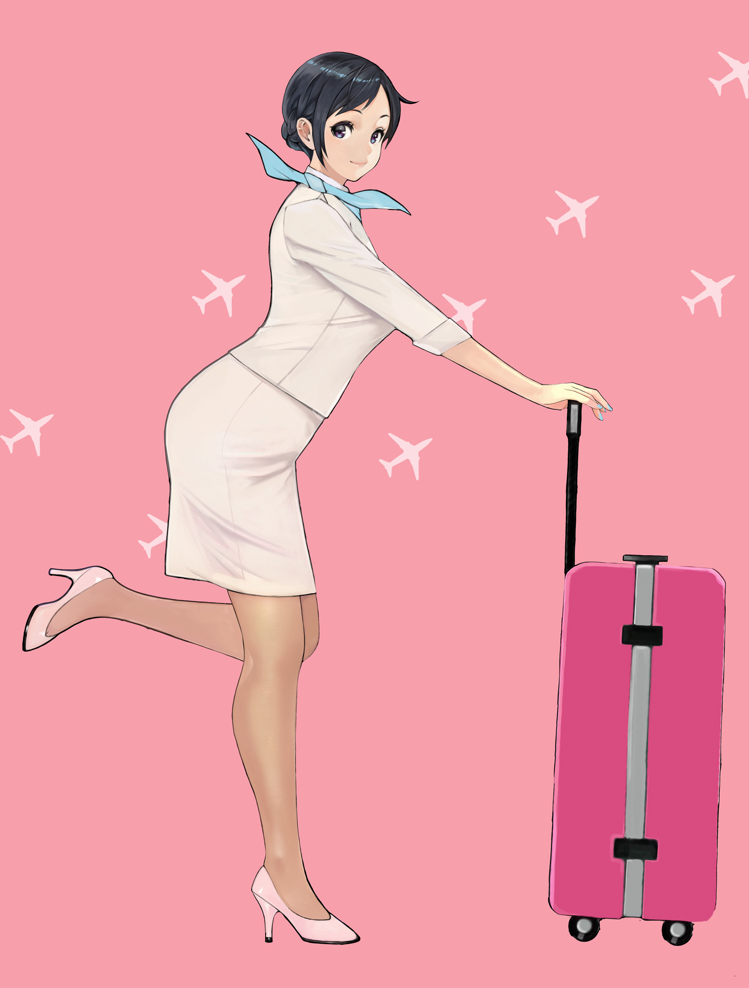 Safebooru - 1girl aircraft airplane bangs black hair blue eyes blue nails blue neckwear bobobong ...