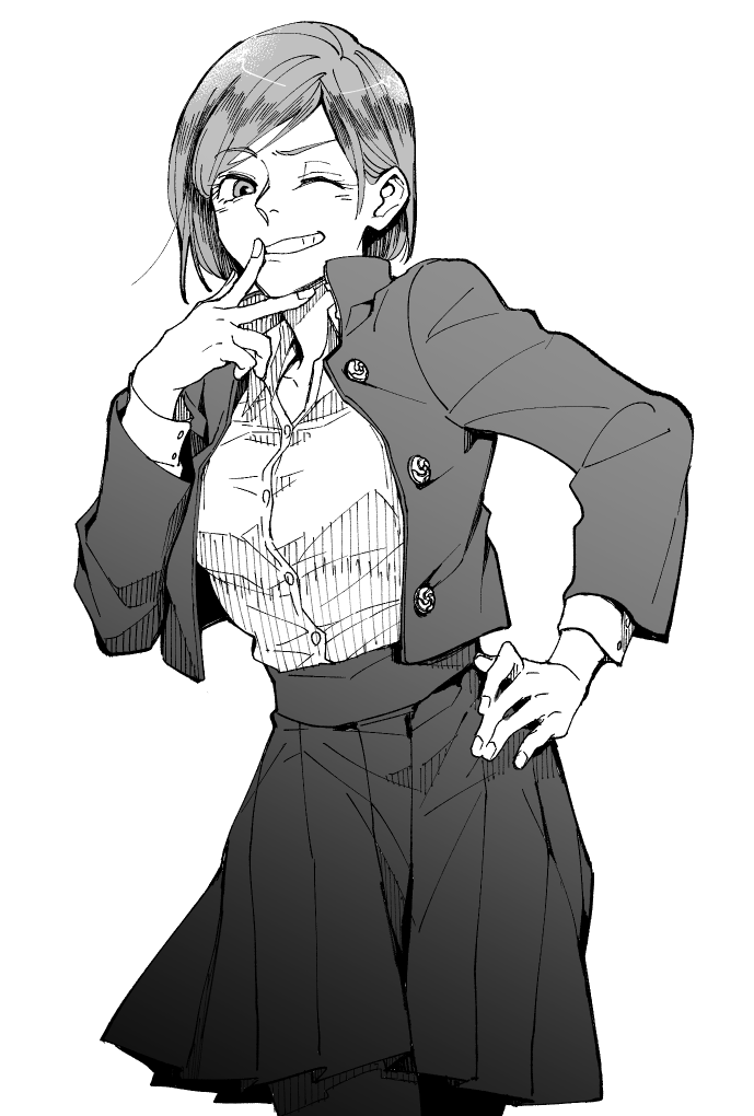 Safebooru - 1girl finger to mouth fingernails greyscale grin hand on ...