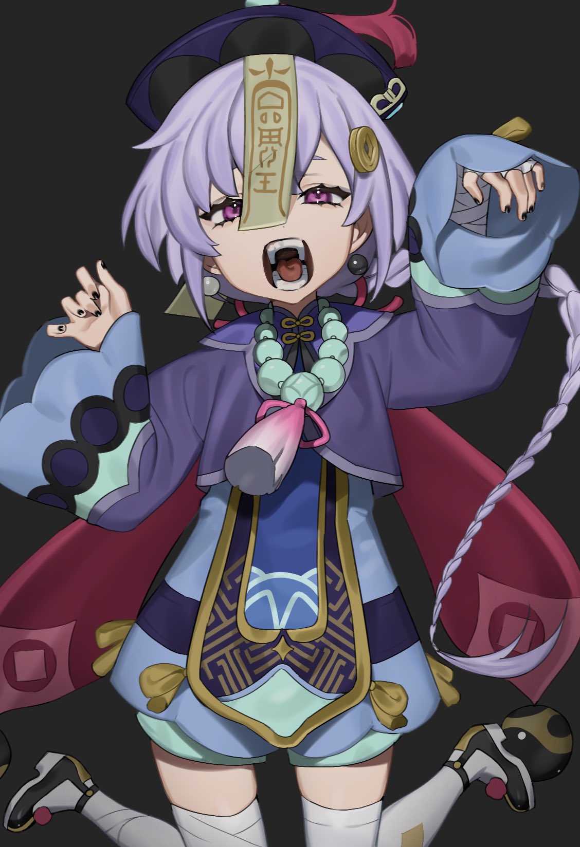 Safebooru - 1girl bandages bead necklace beads black nails blue headwear coin hair ornament ...