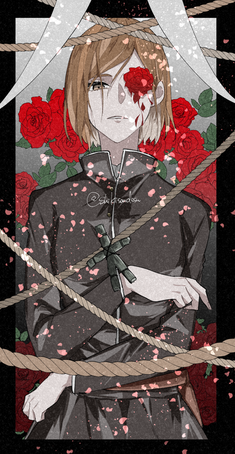 Safebooru - 1girl bleeding blood blood on face brown eyes brown hair expressionless flower hair ...