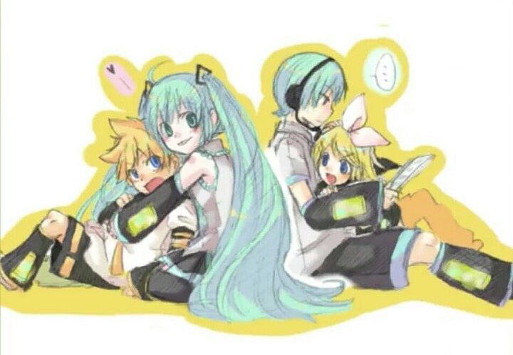 Safebooru - 2boys 2girls blonde hair blue eyes blue hair hatsune miku hatsune mikuo kagamine len ...