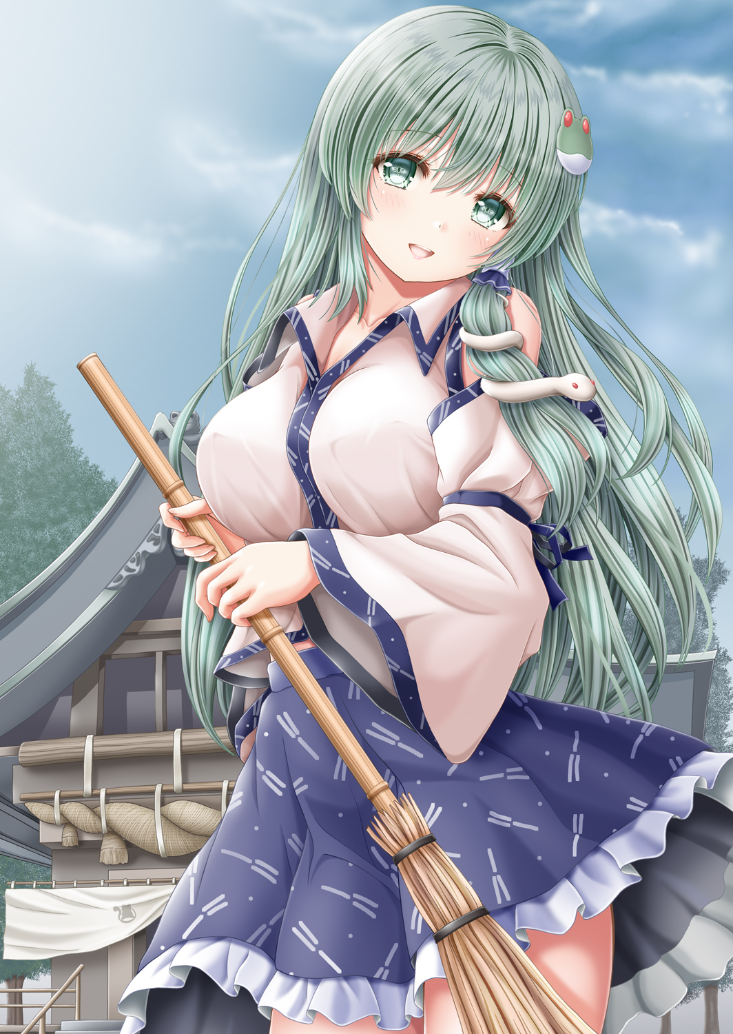 Safebooru - 1girl akino irori bangs blue skirt broom building collared shirt cowboy shot ...