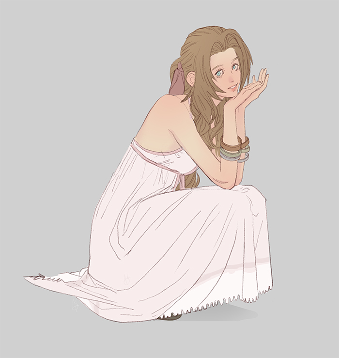 Safebooru - 1girl aerith gainsborough ashley swidowski blue eyes bow bracelet brown hair colored ...