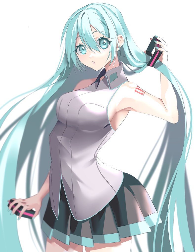 Safebooru - 1girl alternate hairstyle aqua eyes aqua hair aqua nails arm at side armpit crease ...