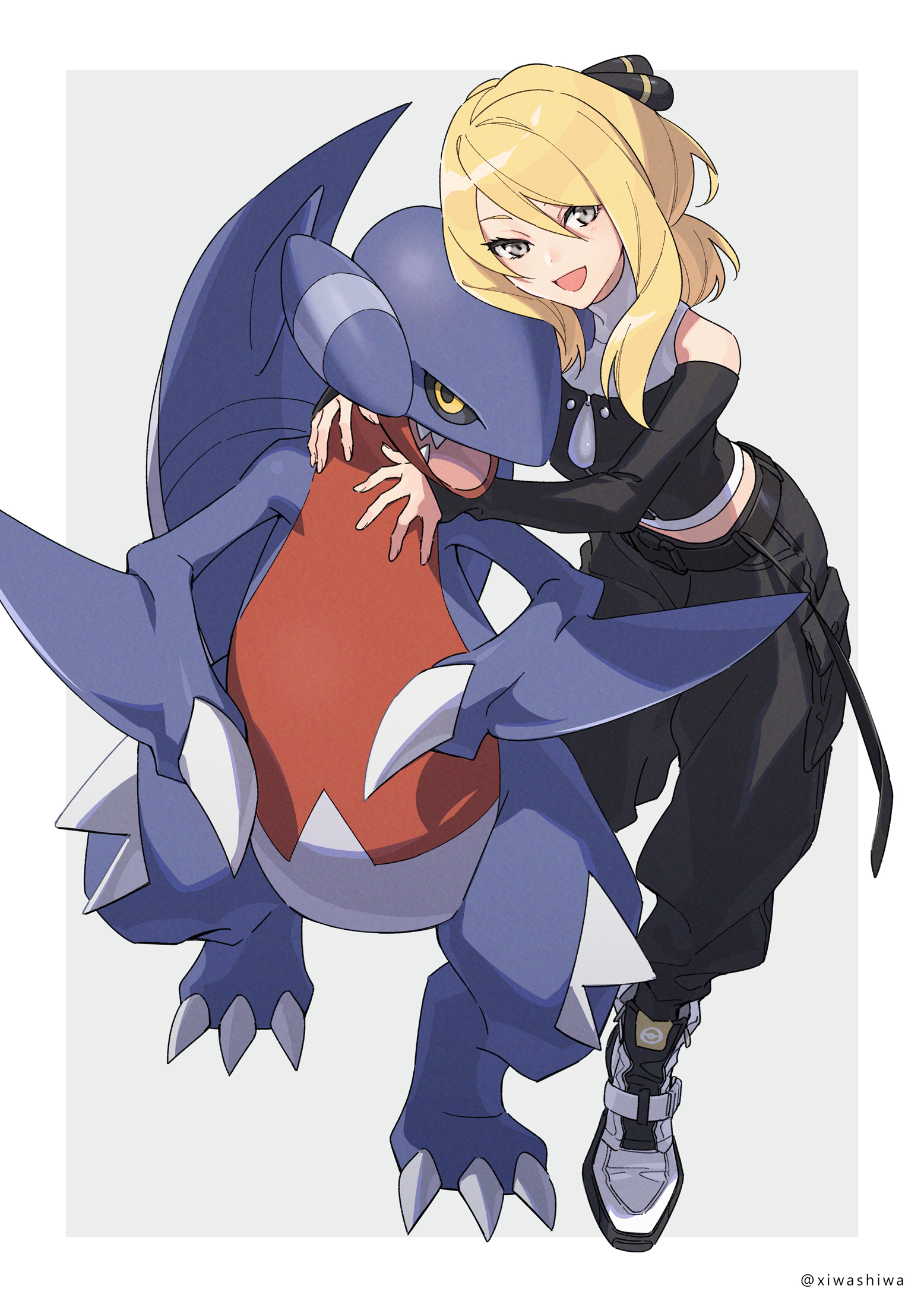 Safebooru - 1girl :d alternate costume black pants blonde hair casual cynthia (pokemon) full ...