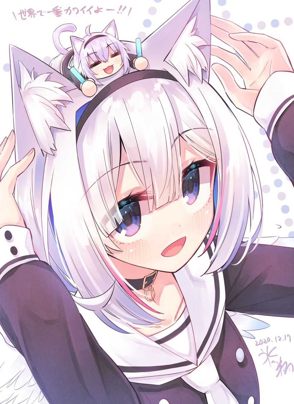 Safebooru - 2girls :d amane kanata animal collar animal ear fluff animal ears arms up bangs ...