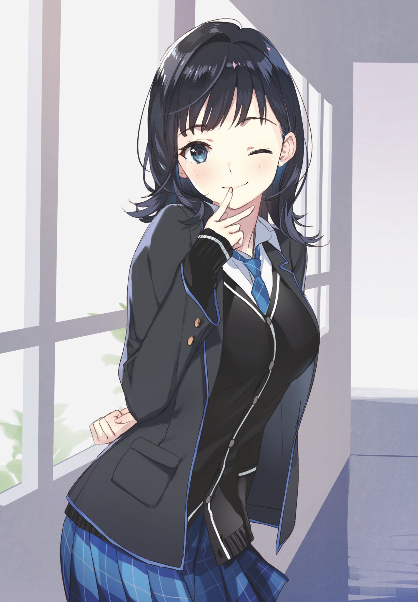 Safebooru - 1girl ;) arm behind back bangs black cardigan black hair black jacket blazer blue ...