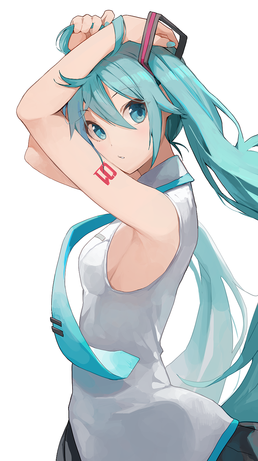 Safebooru - 1girl aqua eyes aqua nails aqua neckwear armpits arms up bare shoulders breasts ...