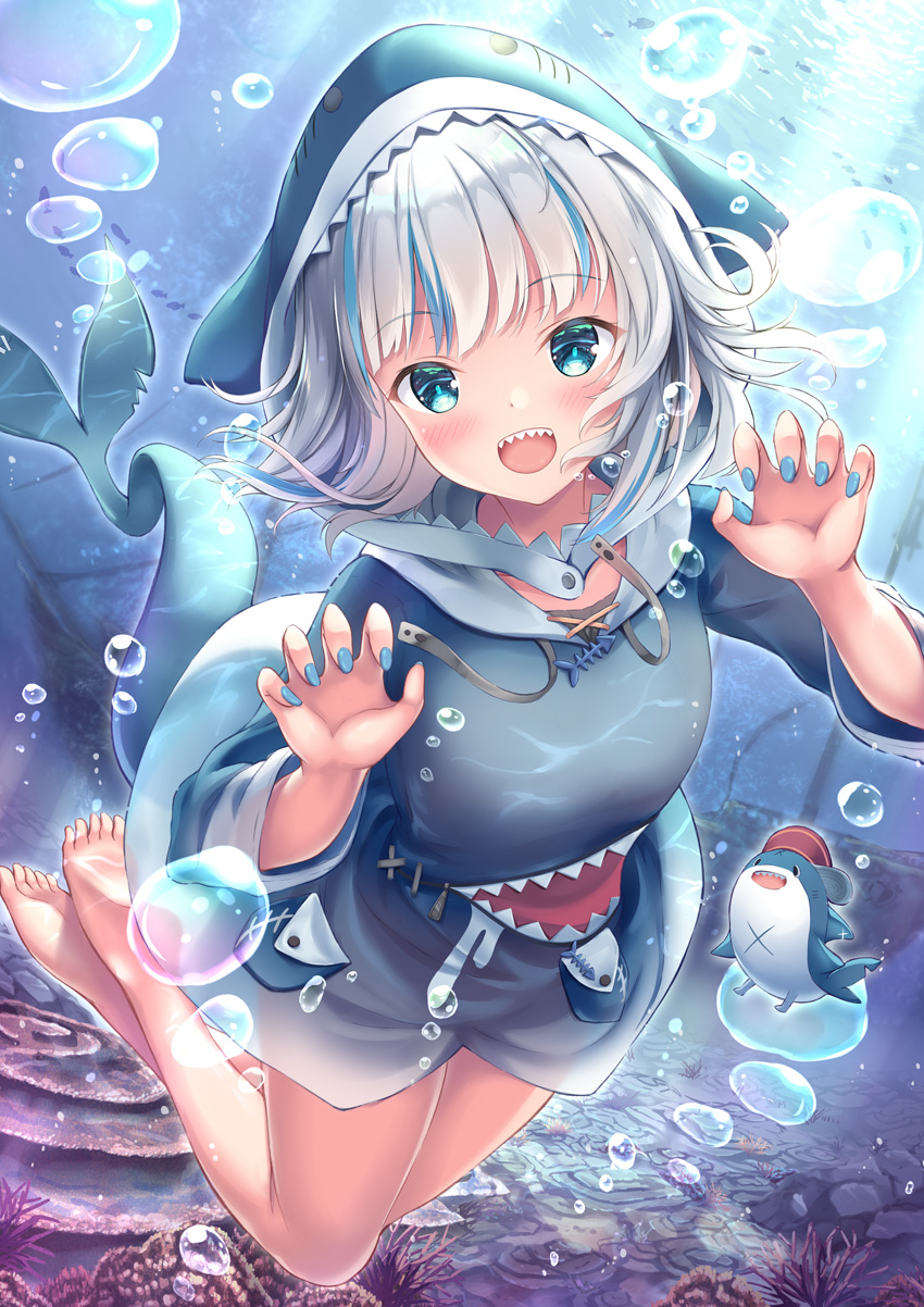 Safebooru - 1girl :d air bubble barefoot bloop (gawr gura) blue eyes blue hair blue hoodie blue ...