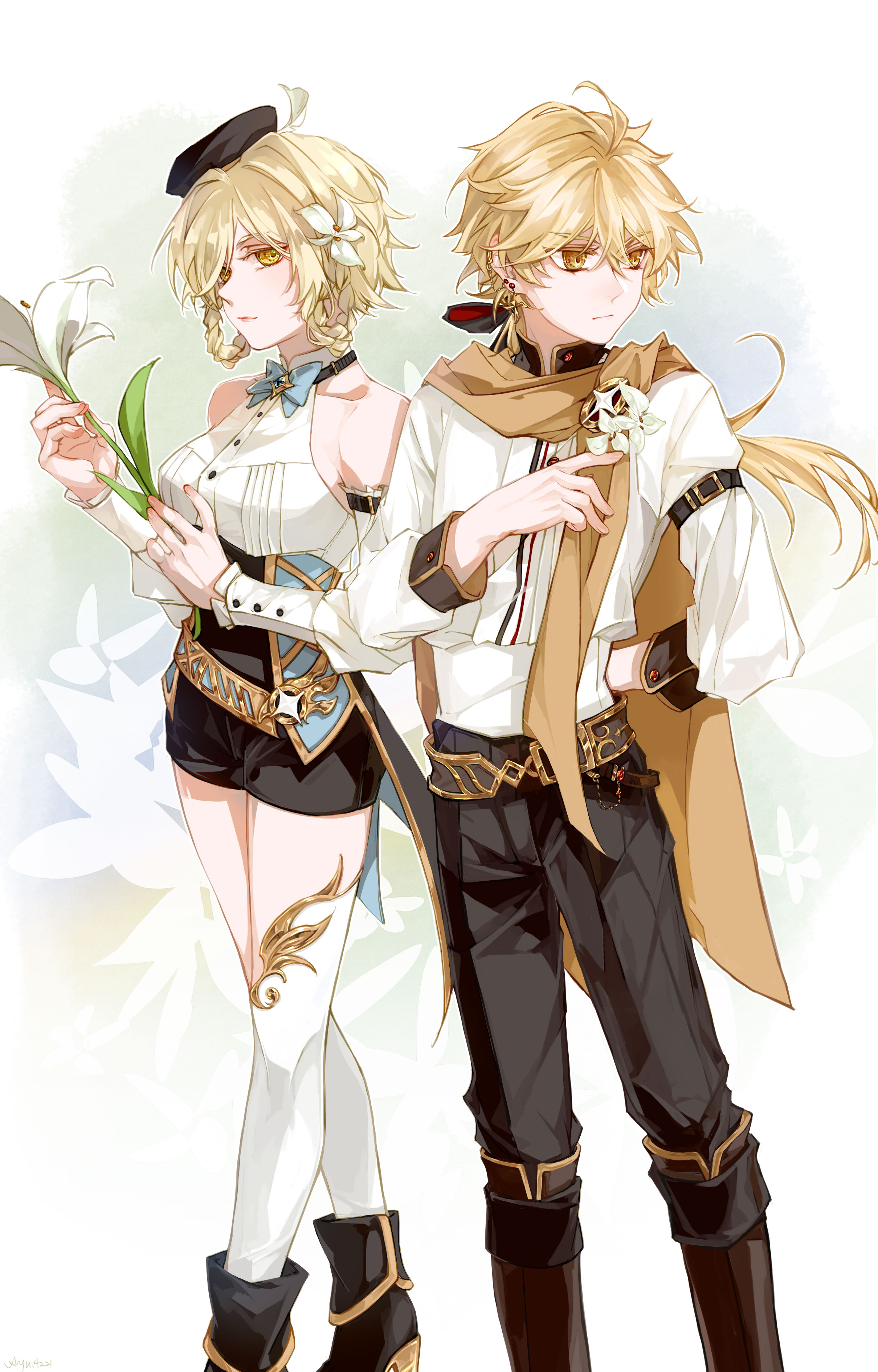 Safebooru - 1boy 1girl abstract background absurdres aether (genshin impact) alternate costume ...