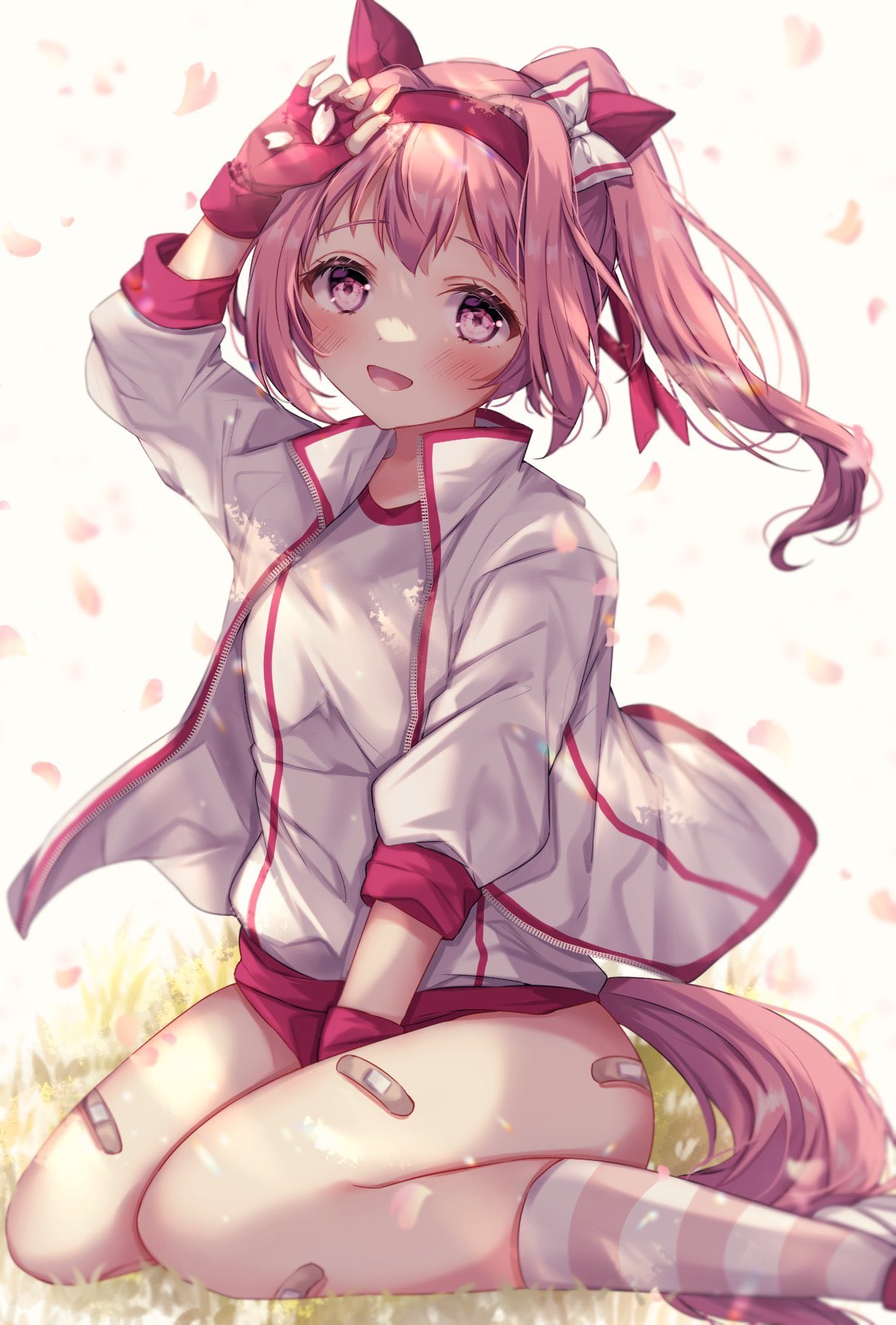 Safebooru - 1girl animal ears arm up bandaid bandaid on leg between legs blush bow buruma ...