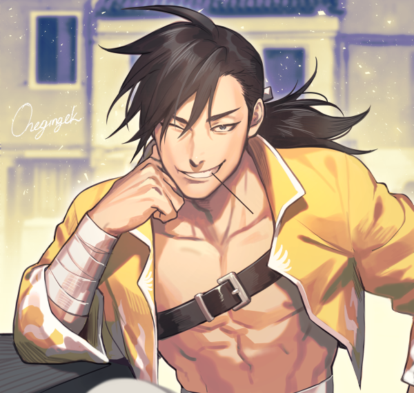Safebooru - 1boy artist name bandaged arm bandages bare pecs black hair buckle chest strap ...